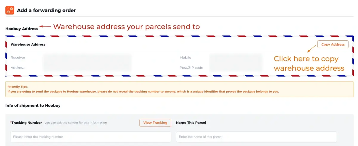 Step2: Get the Hoobuy warehouse address from the forwarding page ...